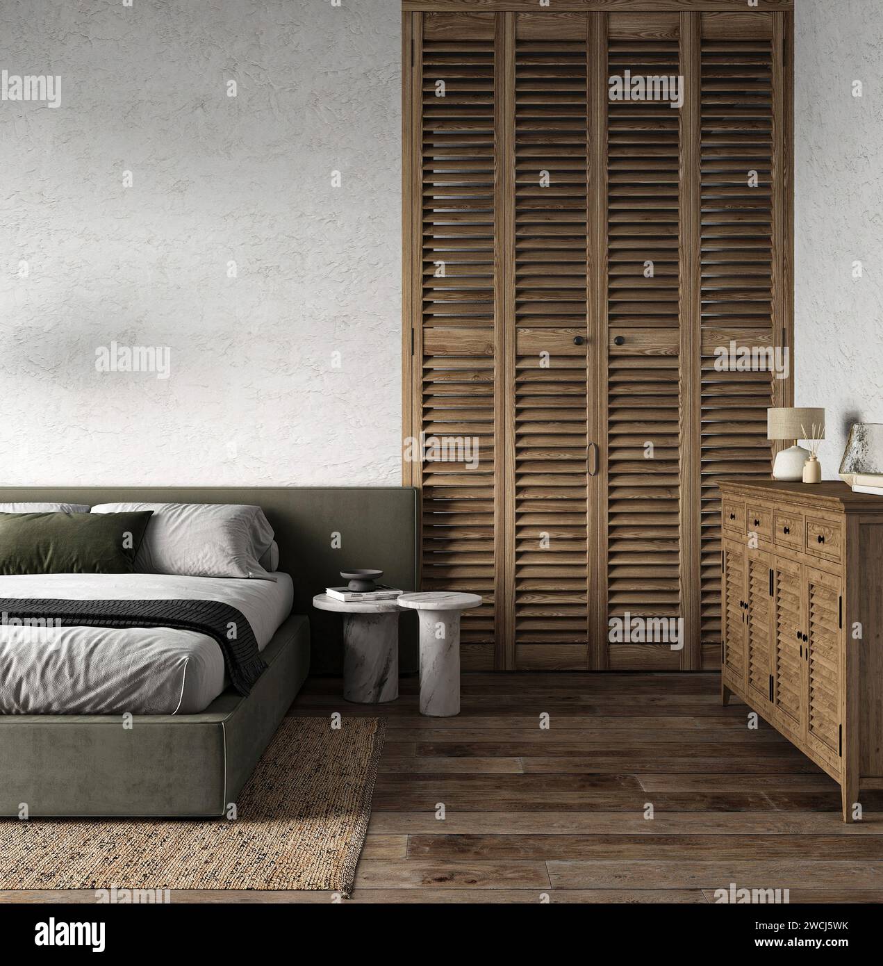 Rustic bedroom corner with a textured wood wardrobe and marble side ...