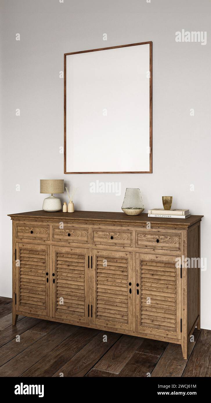 Elegant wooden sideboard with decorative items and blank frame in a ...