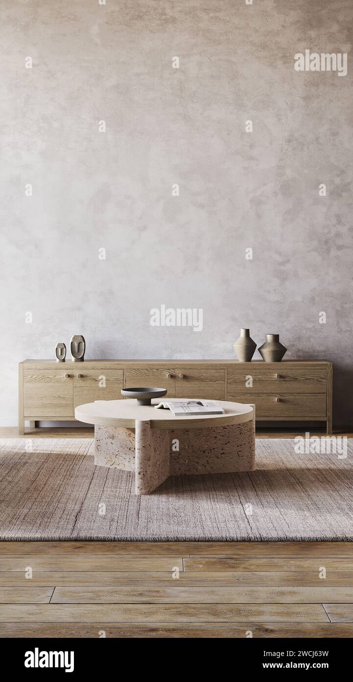 Modern minimalist living room with natural wood furniture and textured ...