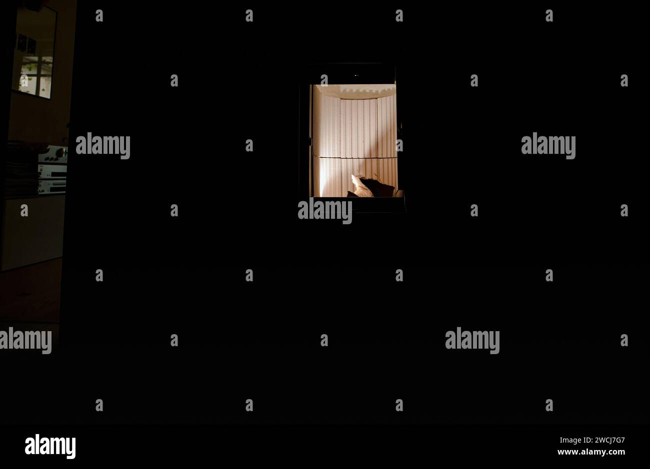 An open-door stove insert with interior light, revealing the living ...