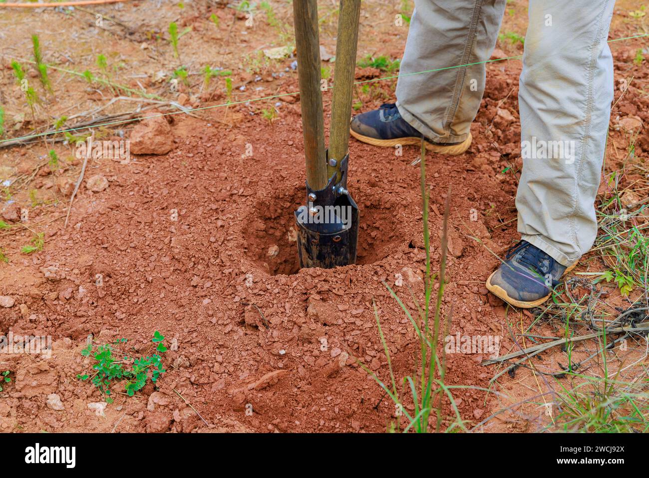 Post hole digger used by man for digging fence post Stock Photo - Alamy