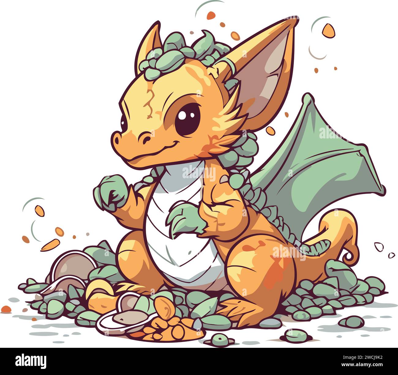 Vector illustration of a cute cartoon dragon sitting on the ground full ...