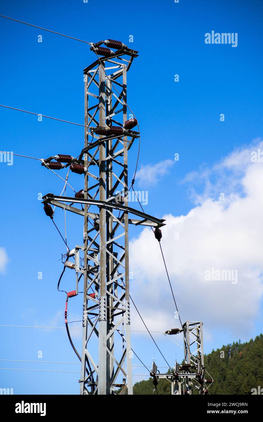 Large power poles with power lines with forest background Stock Photo ...