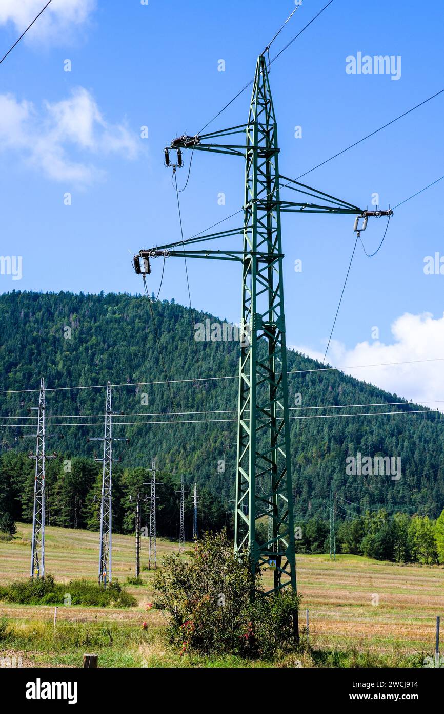 Large power poles with power lines with forest background Stock Photo ...