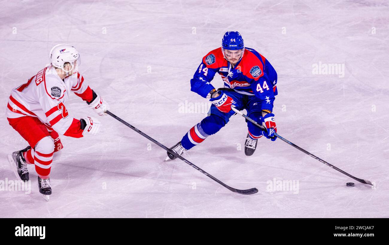 January 13, 2024: Charlotte Checkers Mike Benning (2) press Rochester ...