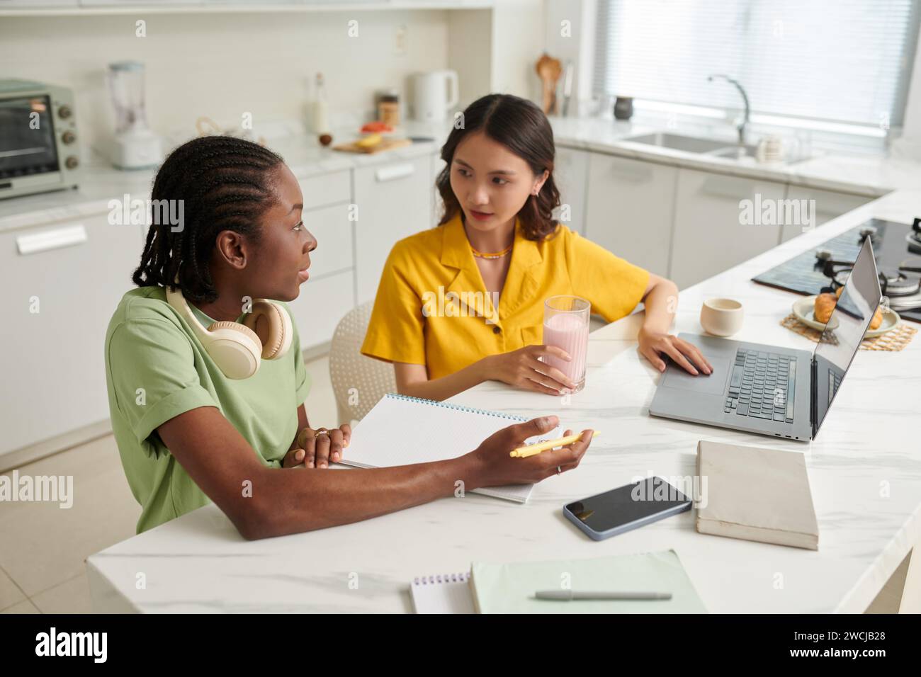 College student explaining difficult topic her classmate when that are ...