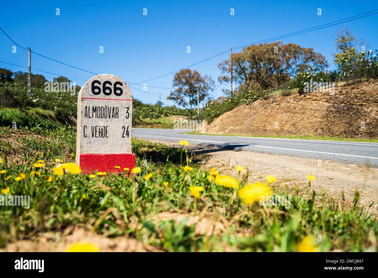 Road milestone indicating 666th kilometer on famous national road N2 ...