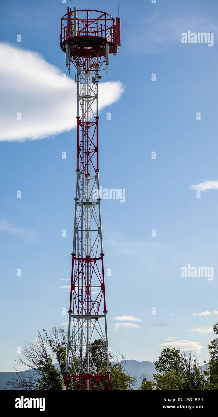 telecommunication tower in the forest and blue sky Stock Photo - Alamy