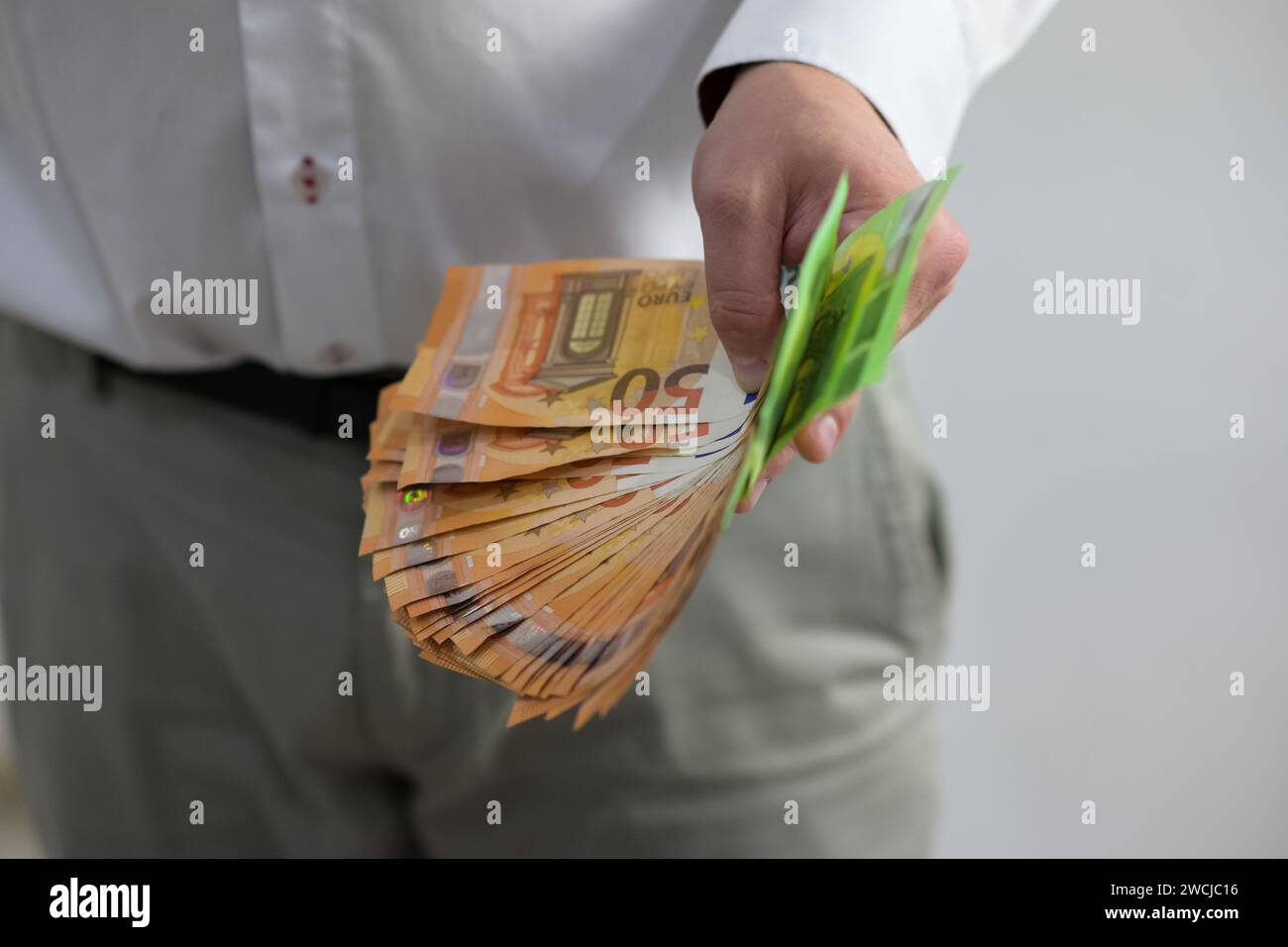A series of banknotes arranged in the shape of a fan. Cash, 50 euro and ...