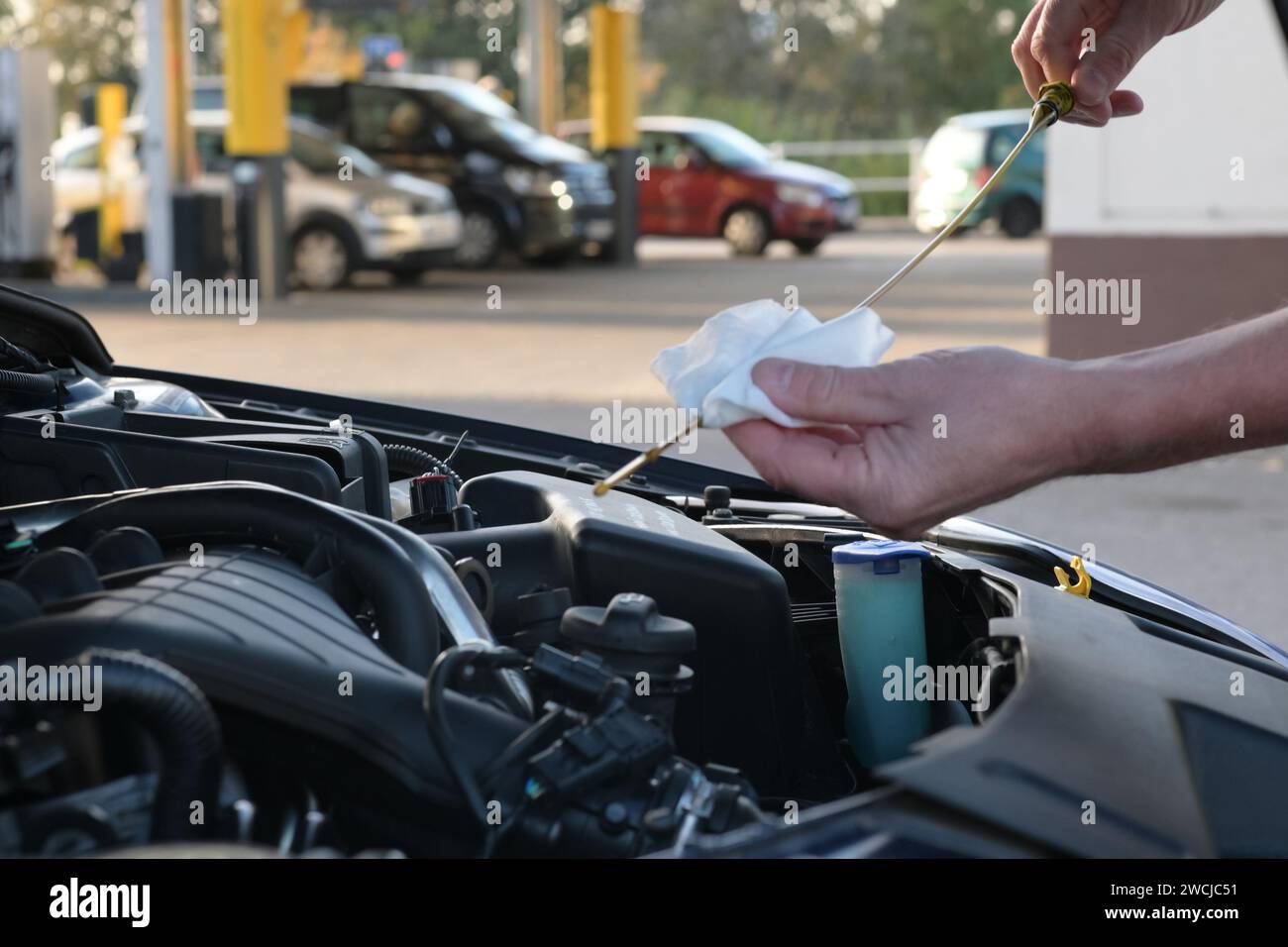 the mechanic checks the oil level in the car, close-up view and on a ...