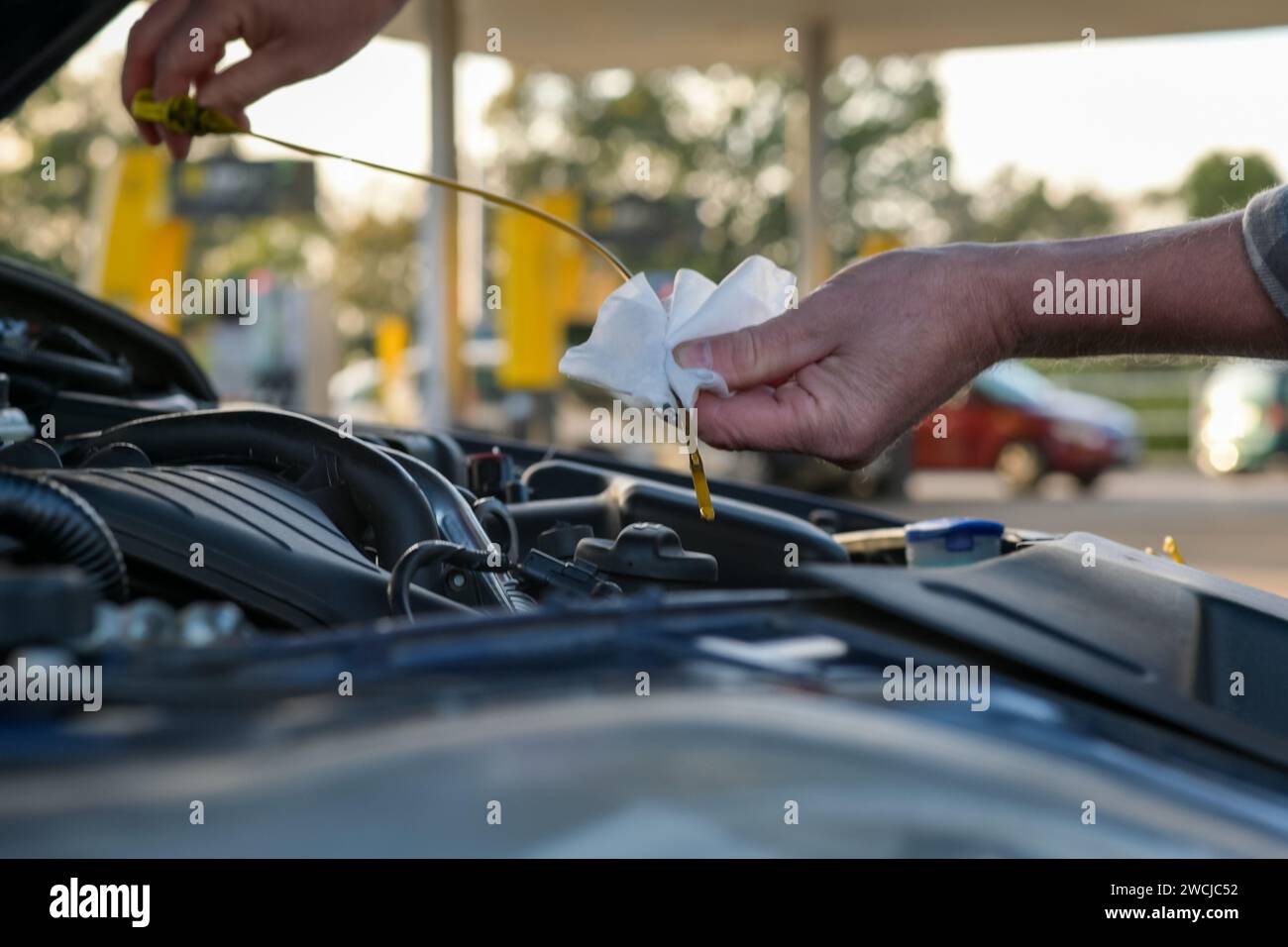 the mechanic checks the oil level in the car, close-up view and on a ...