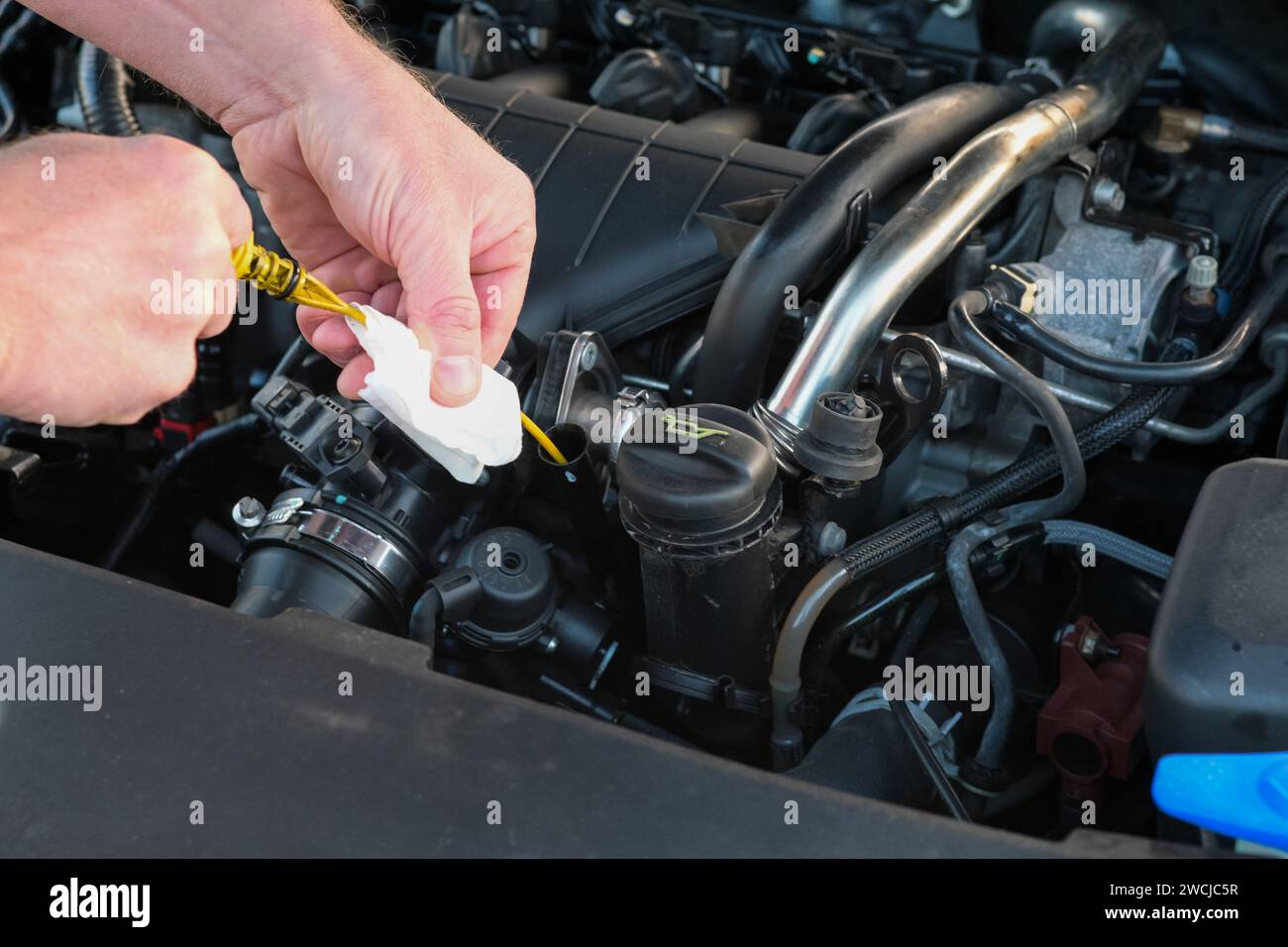 the mechanic checks the oil level in the car, close-up view and on a ...