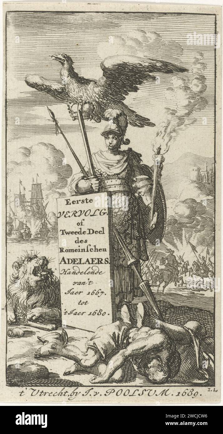 Bellona armed with sword and spear, above her an eagle flies with a crown in the claws, Jan ...