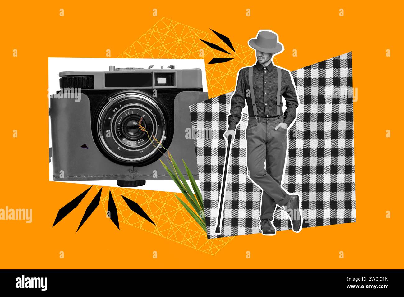Creative poster collage of young retro mister posing vintage camera ...