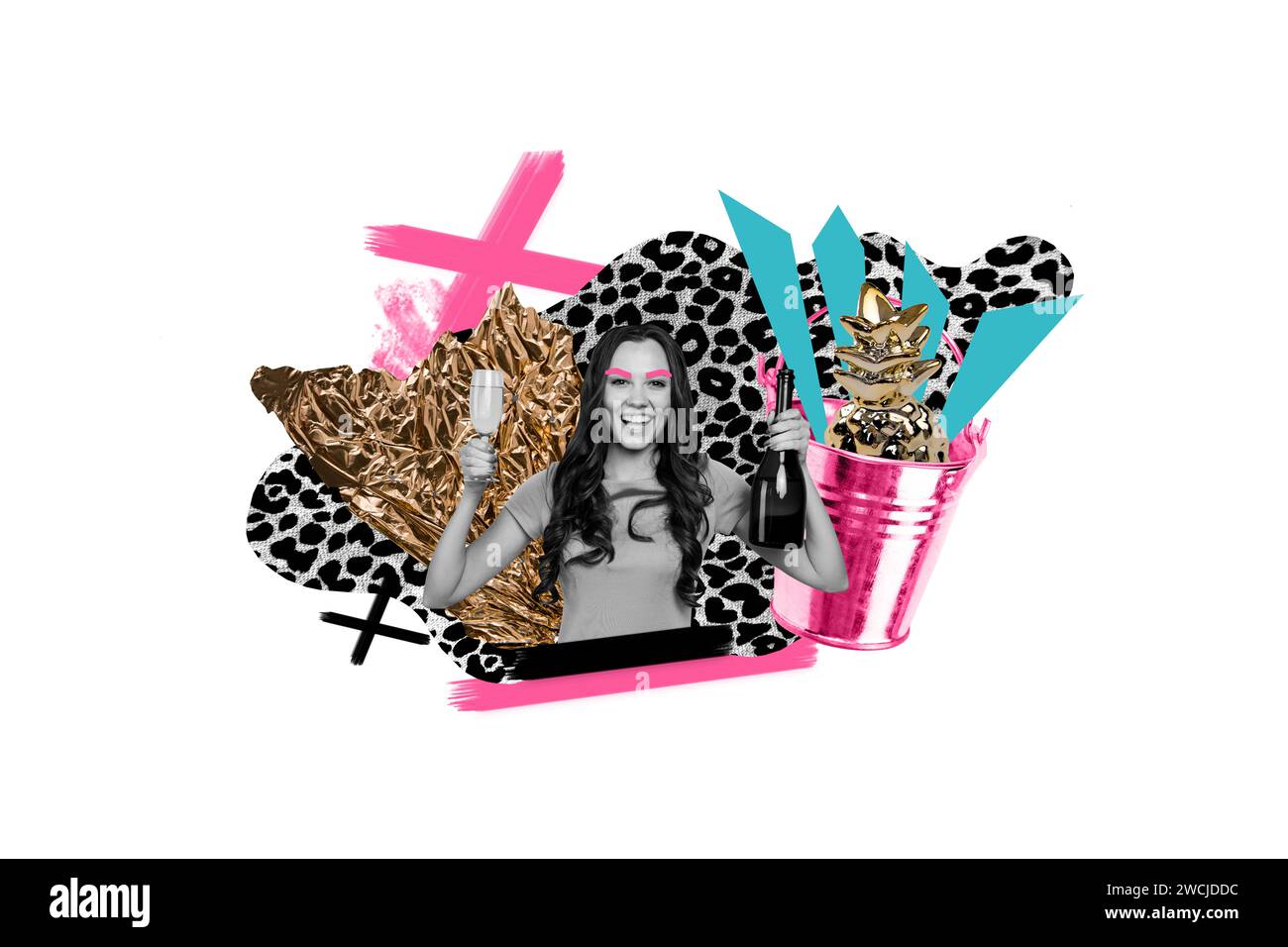 Creative poster collage of girl celebrate party alcohol texture drawing ...