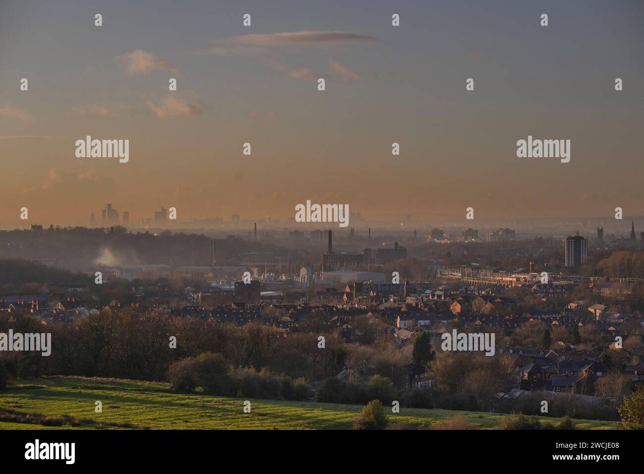 General view of the Manchester city centre skyline following sunset ...