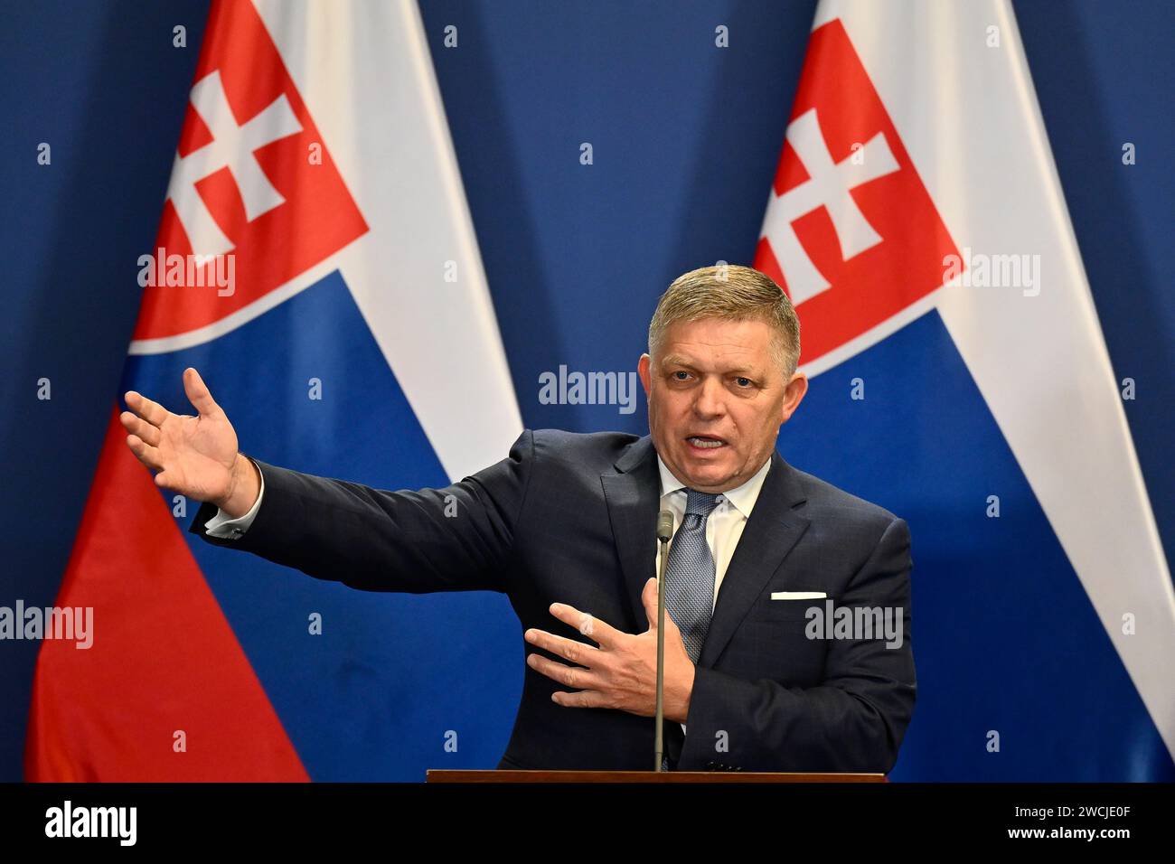 Slovakia's Prime Minister Robert Fico speaks during a press conference ...