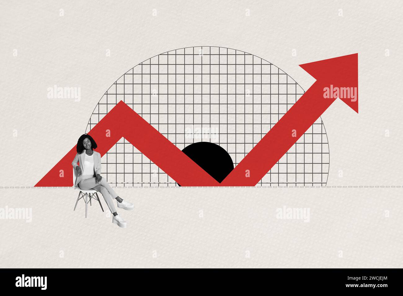 Photo collage image sitting young businesswoman huge progress arrow go ...