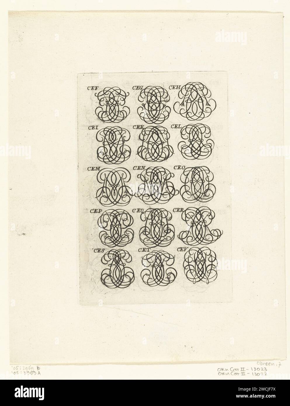 Fifteen letter monograms (CEF-CEV), Daniel de Lafeuille, c. 1690 - c ...