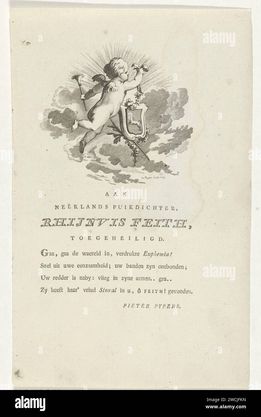Flying putto with coat of arms, Carel Jacob de Huyser, 1789 print Seen ...