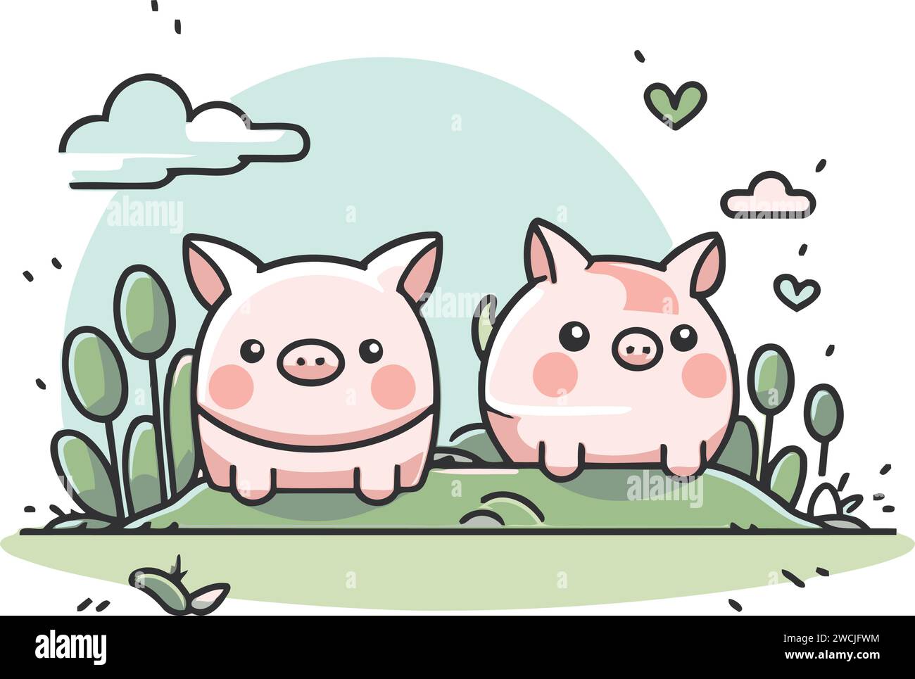 Vector illustration of two cute pigs in the grass. Isolated on white ...