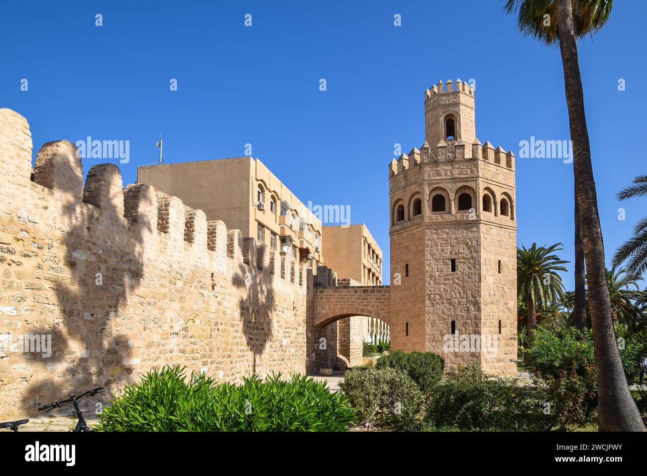 Tower and city defensive walls that surround the old city (medina ...
