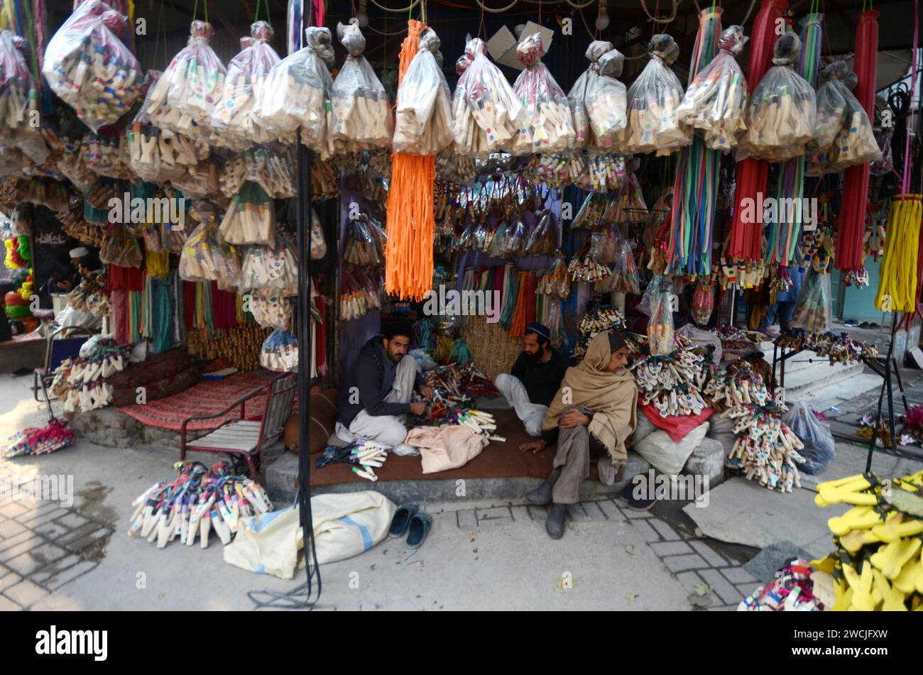 Peshawar, Peshawar, Pakistan. 16th Jan, 2024. Slingshot on sale at market in Peshawar.A ...