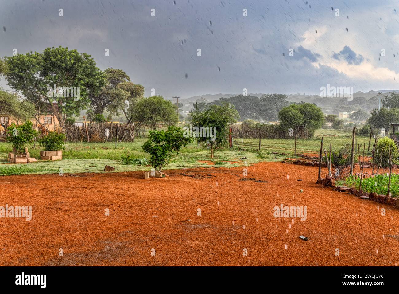 africa rainy season in the village torrential rain view from the yard ...
