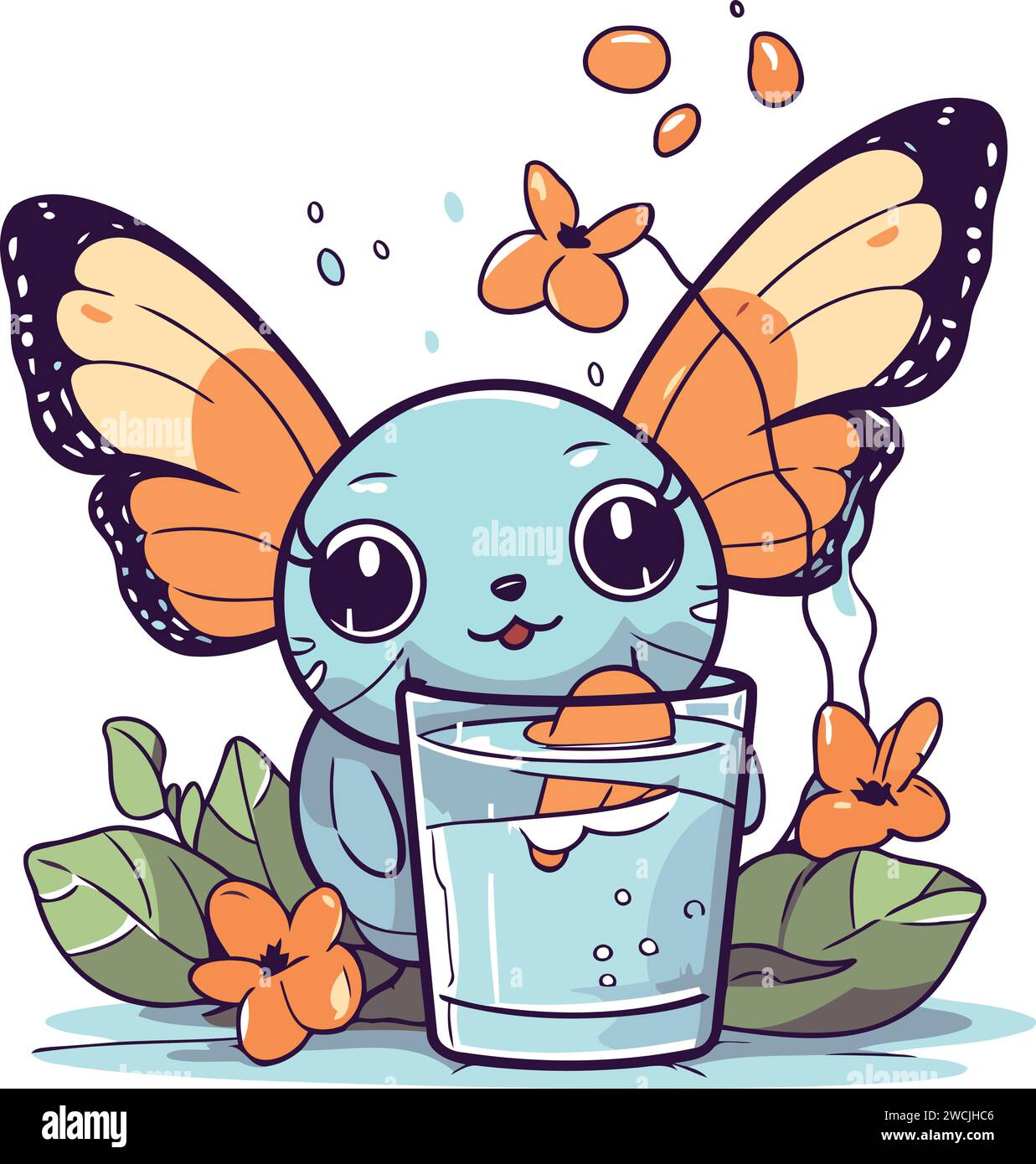 Cute cartoon butterfly drinks water from a glass. Vector illustration ...