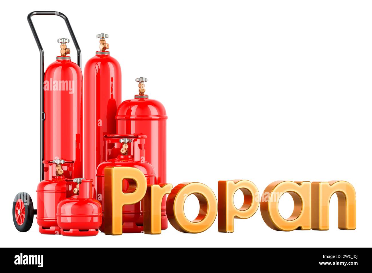 Set of propane gas cylinders with hand truck, 3D rendering isolated on ...