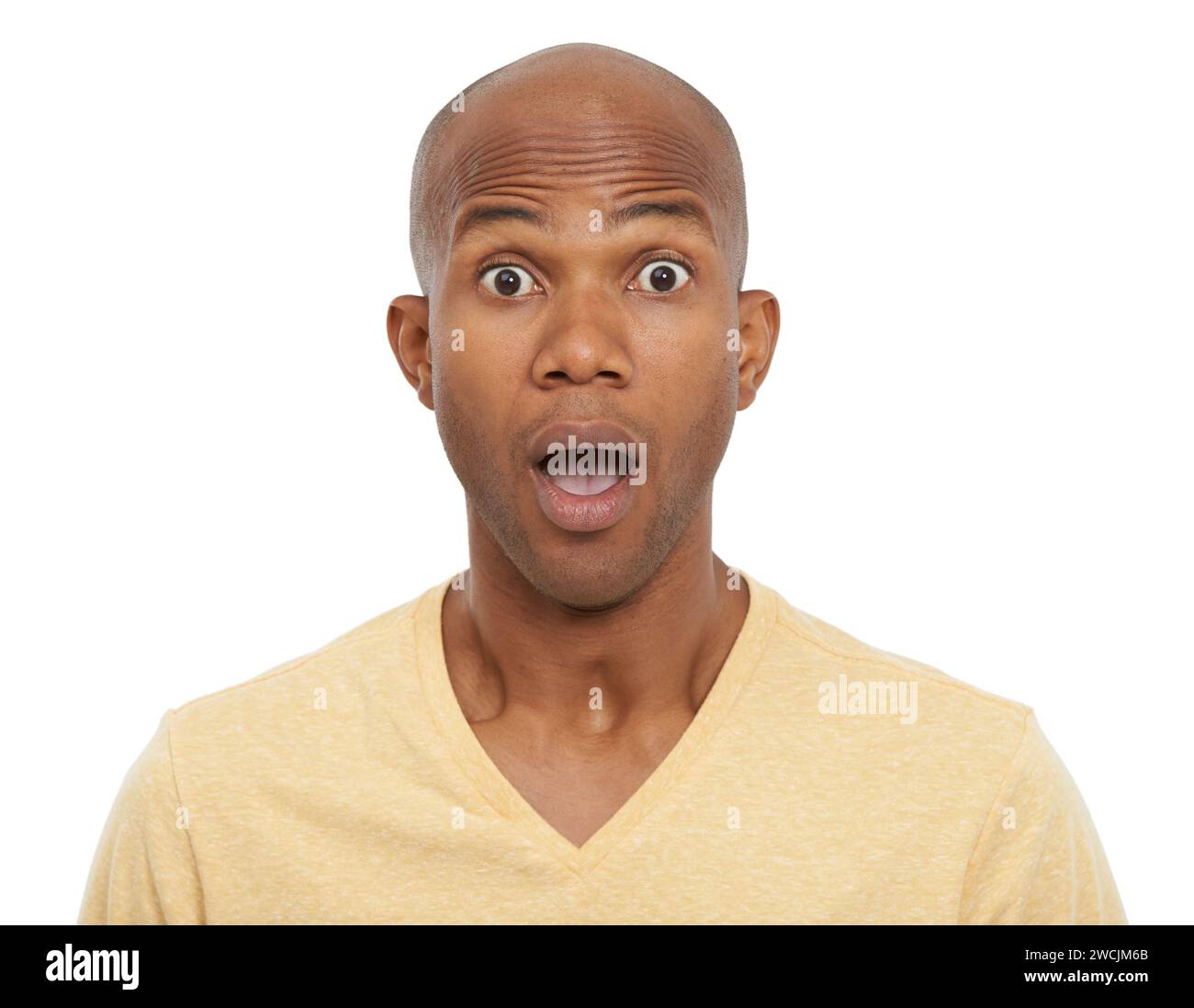 Portrait, surprise and black man with why, emoji and feedback isolated ...