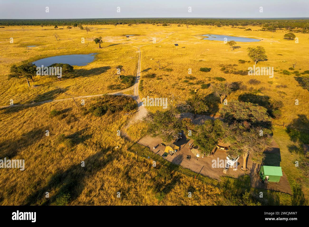 An aerial view of Guvalala pan in Hwange National Park, Zimbabwe Stock ...