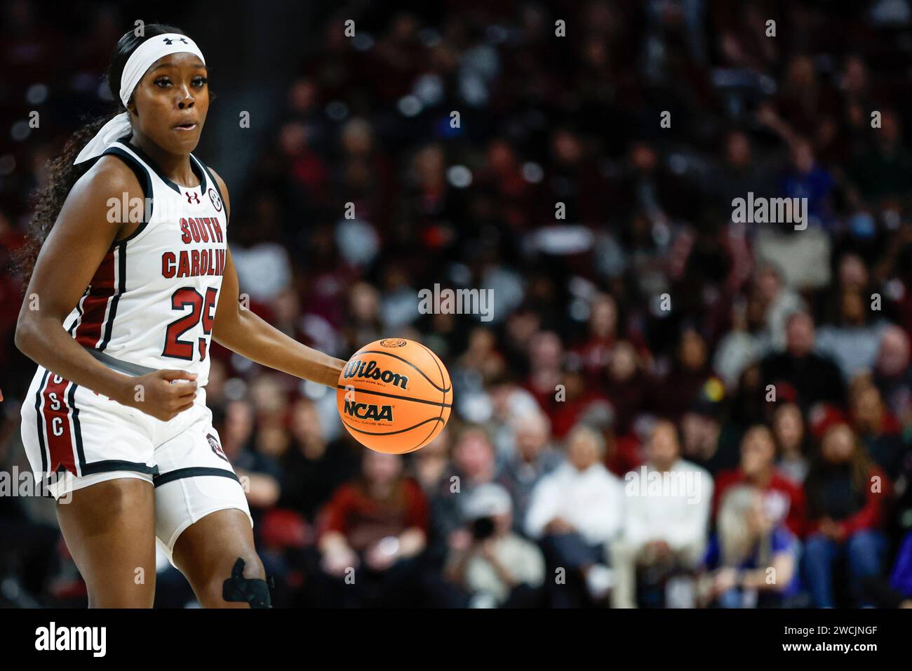 South Carolina guard Raven Johnson brings the ball up court against ...