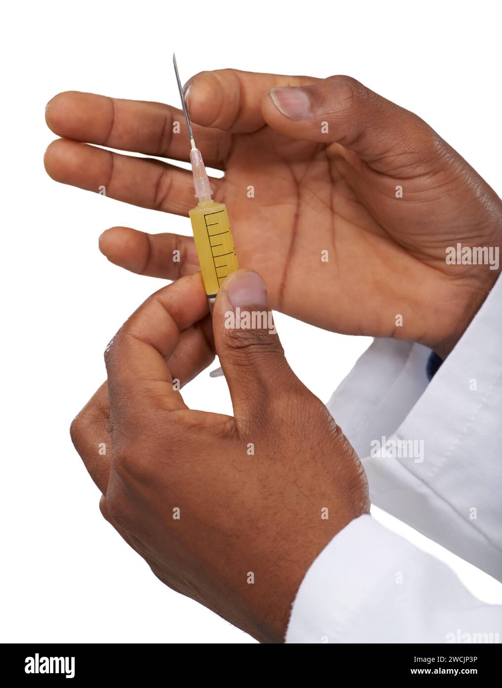 Hands, doctor and person with needle, medicine or vaccination with ...