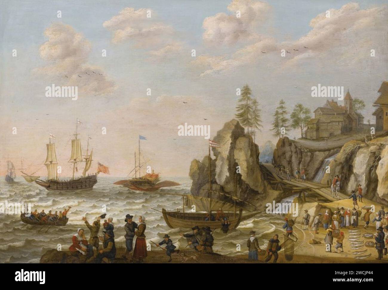 A COASTAL LANDSCAPE WITH A GALLEY, AN ENGLISH GALLEY FRIGATE, AND A ...