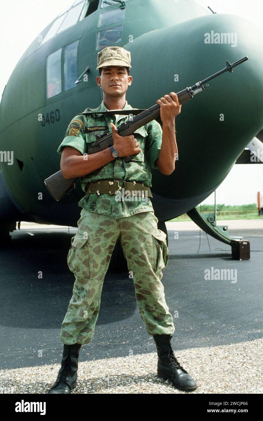 A Columbian marine armed with an M-14 rifle stands guard in front of a ...