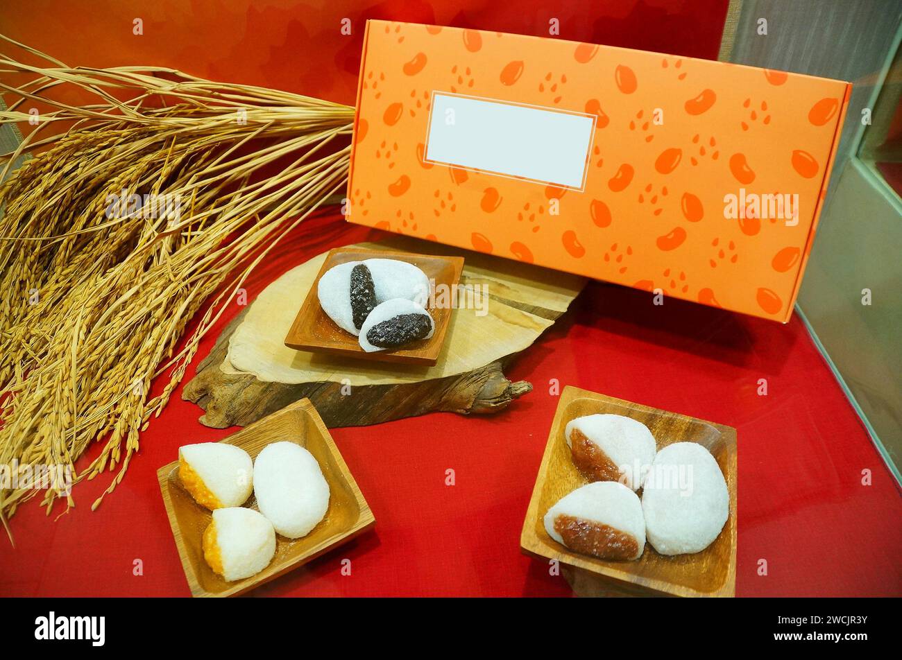 Food sample, fake black sesame mochi Stock Photo - Alamy