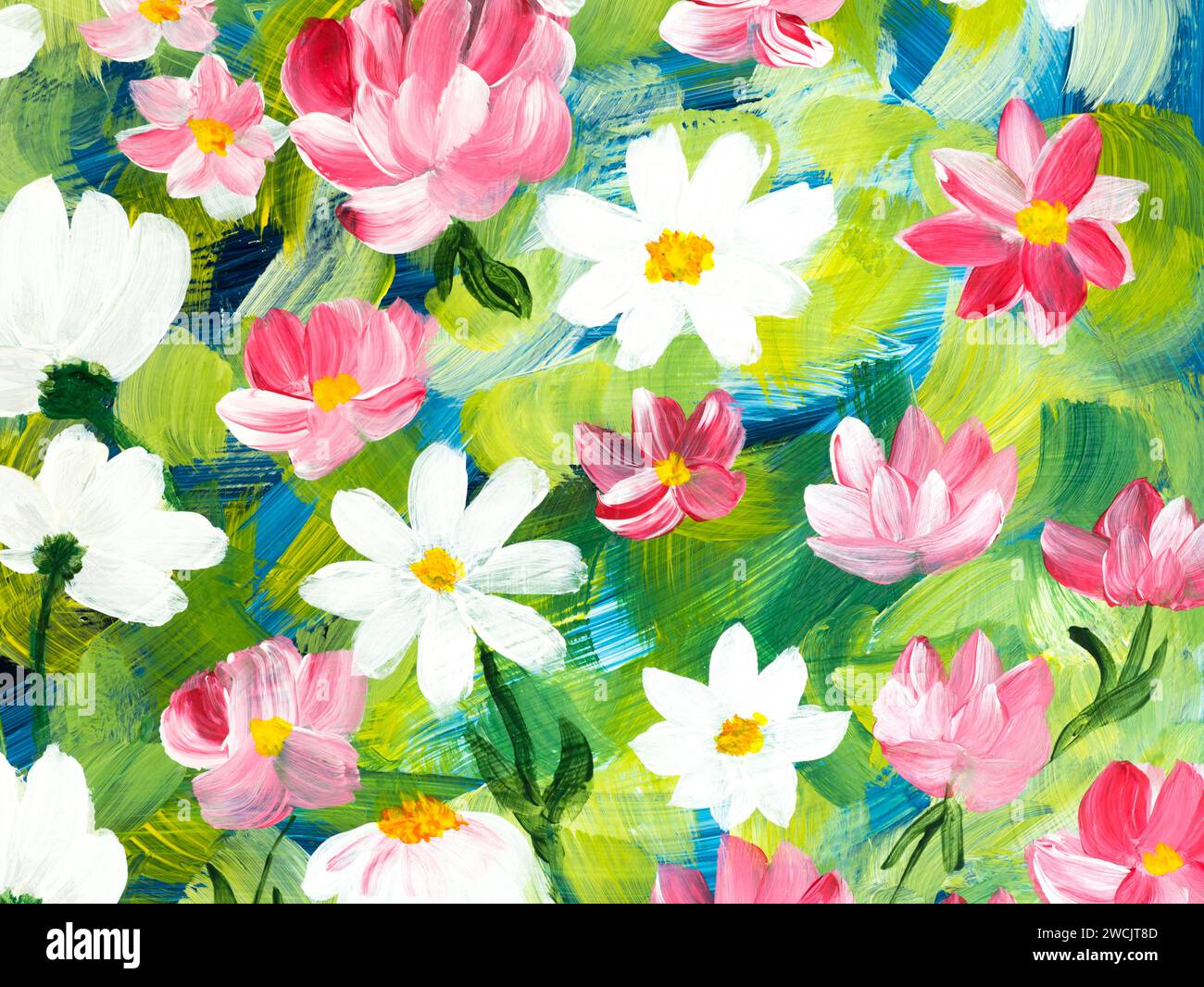 Abstract daisy flowers, original hand drawn, impressionism style, color ...