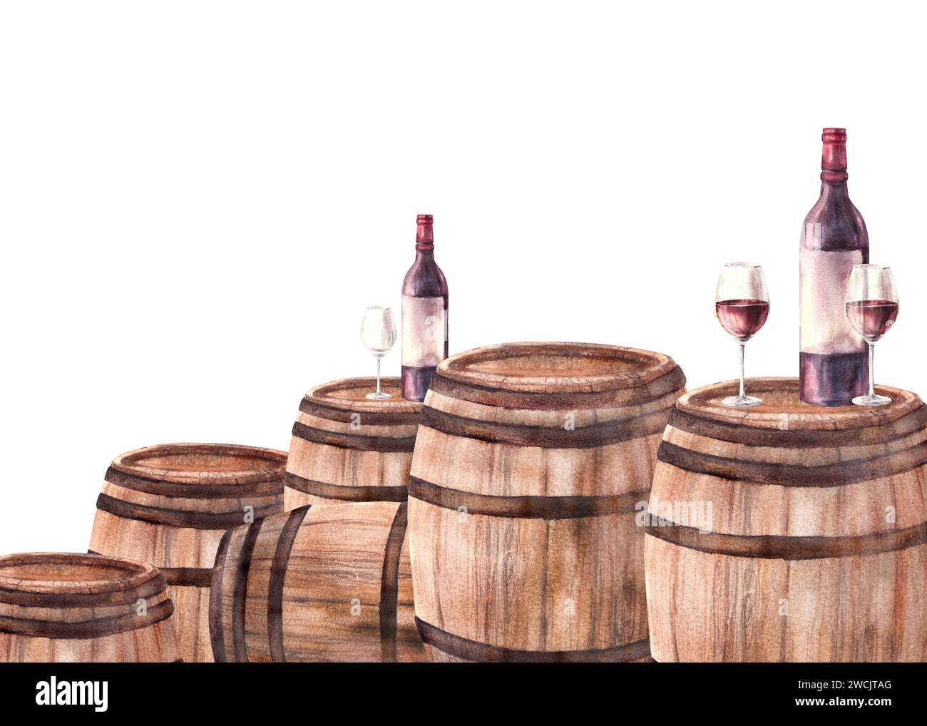 A group of wooden old barrels with bottles and glasses of red wine ...