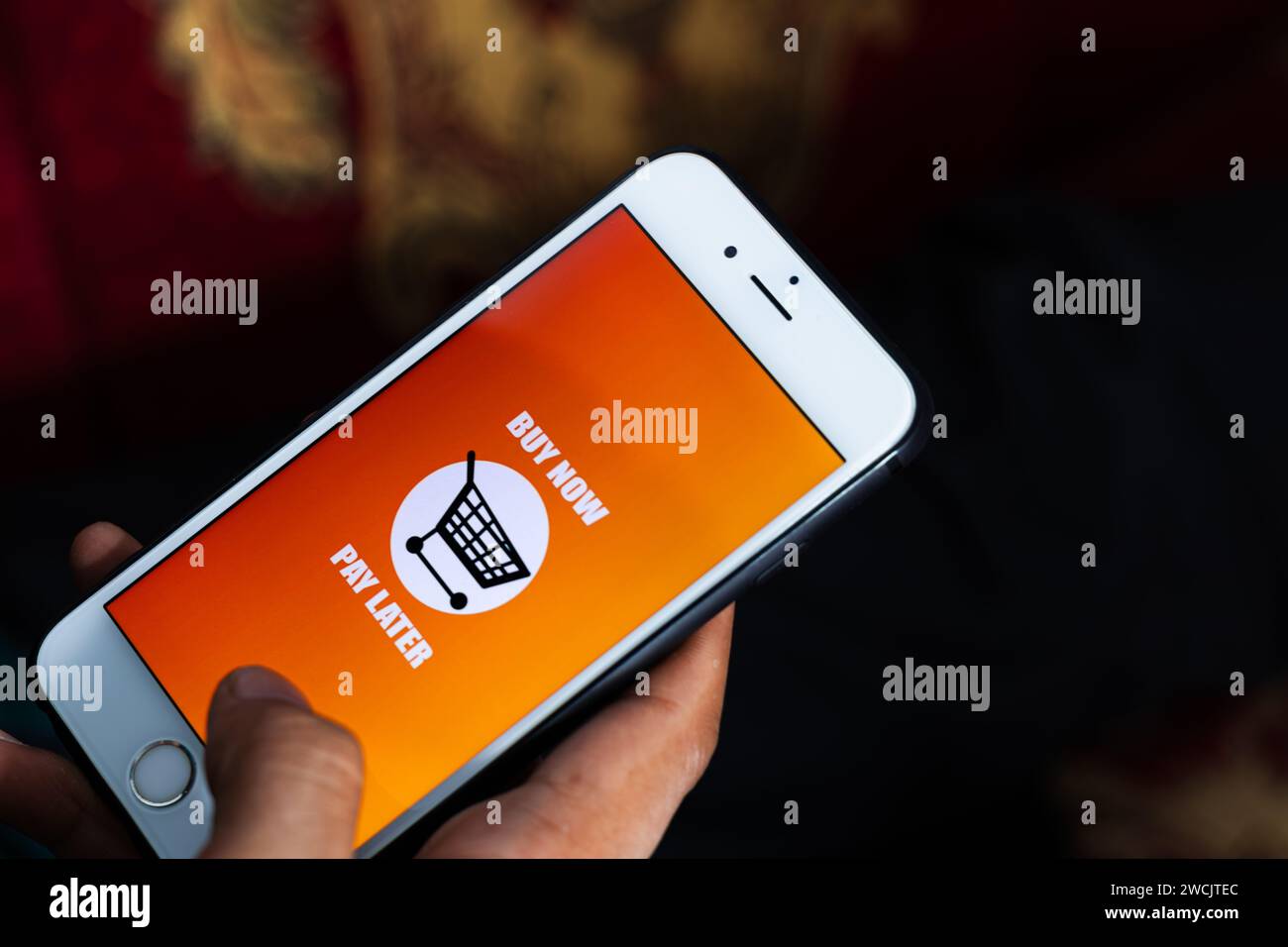 Online shopping concept. Man's hand holding a smartphone with BNPL Buy ...