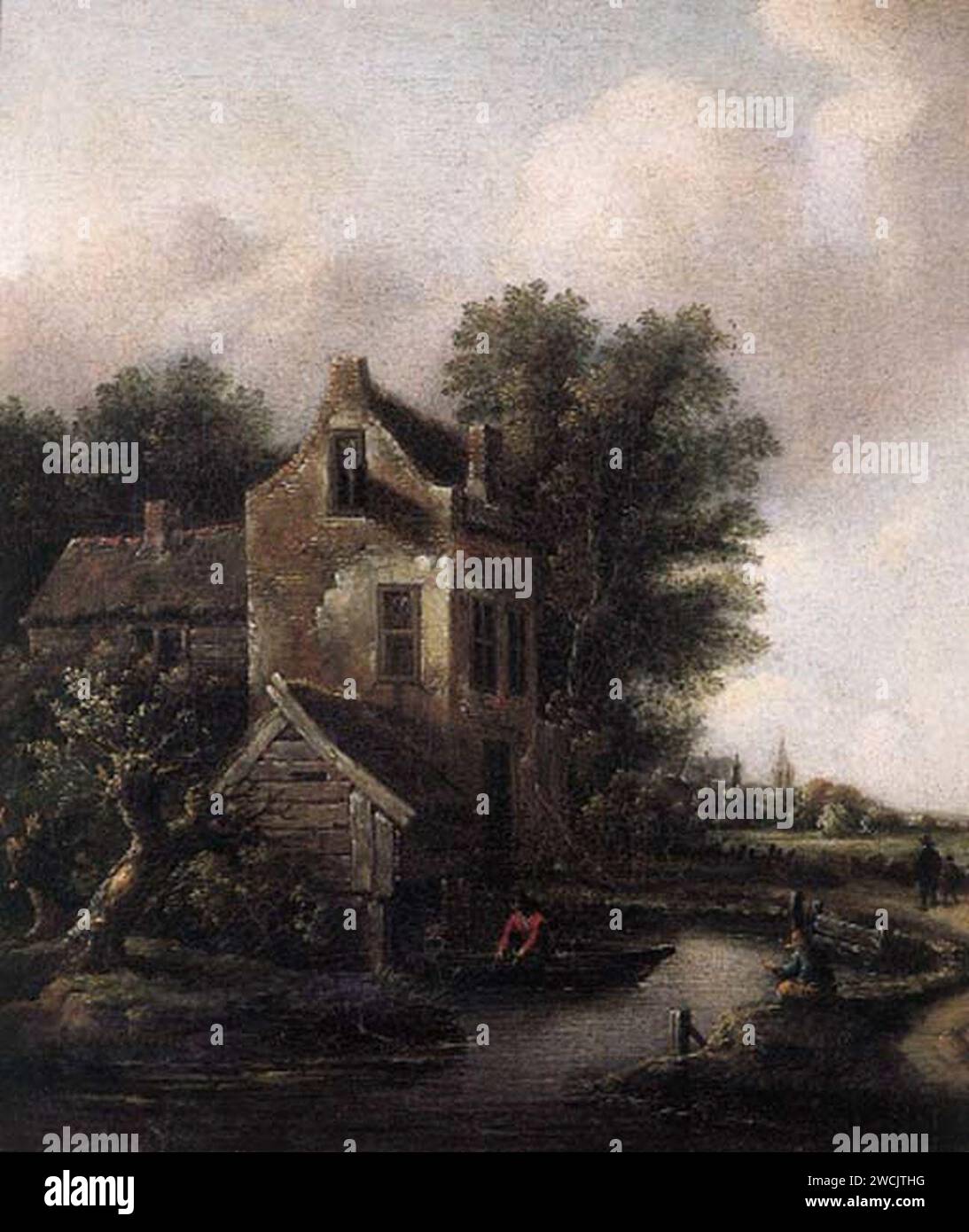 A fisherman in a rowing boat on a moat by a fortified mansion, peasants ...