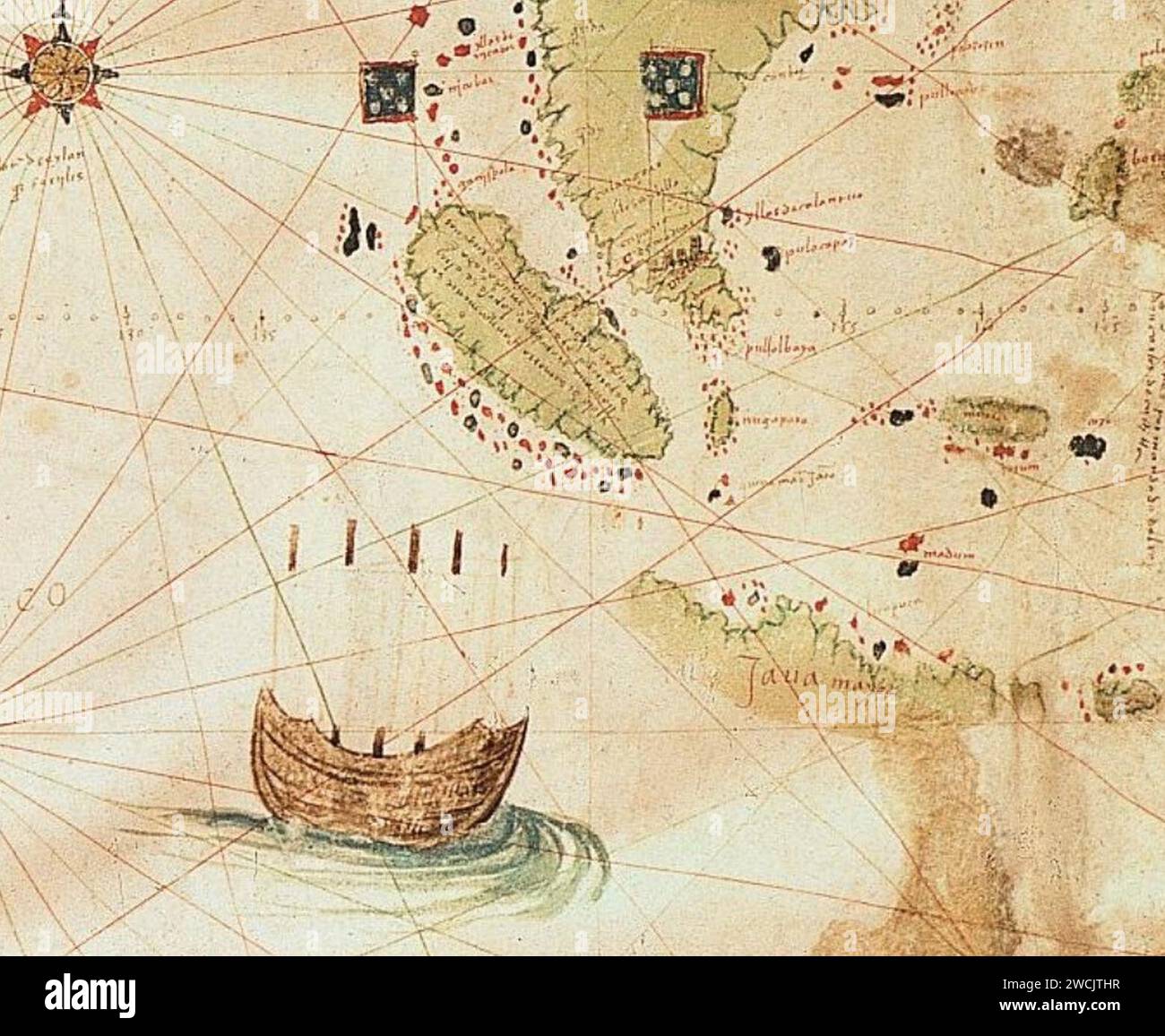 A five-masted ship in Juan Vespucci map of 1526 Stock Photo - Alamy