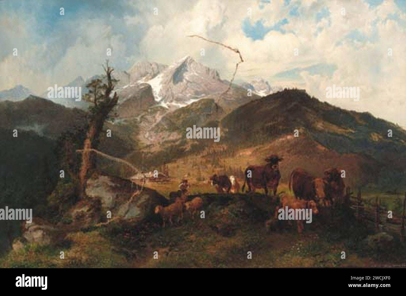 A herder with sheep and cattle in an Alpine landscape 2000 Stock Photo ...