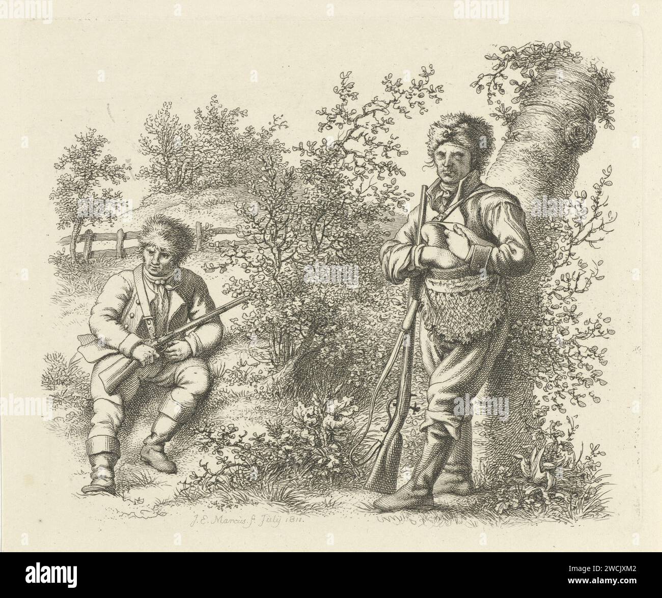Standing and a sitting hunter, Jacob Ernst Marcus, 1811 print A ...