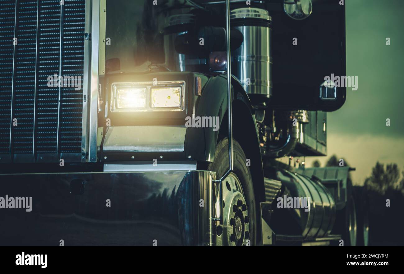 American Semi Truck During Night Drive Close Up. Heavy Duty ...