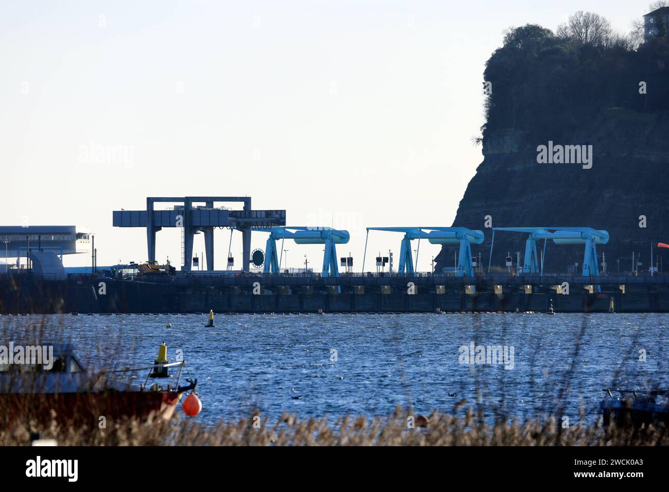 Lock Gates and lift bridge, Cardiff Bay Barrage, Cardiff, South Wales ...