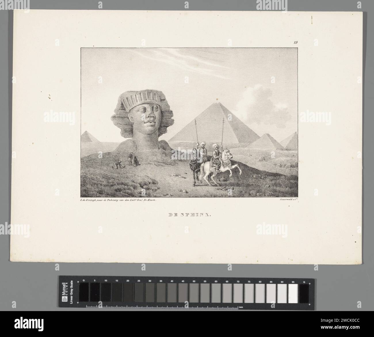 Head of a sphinx and pyramids in the desert, Leendert de Koningh, after ...