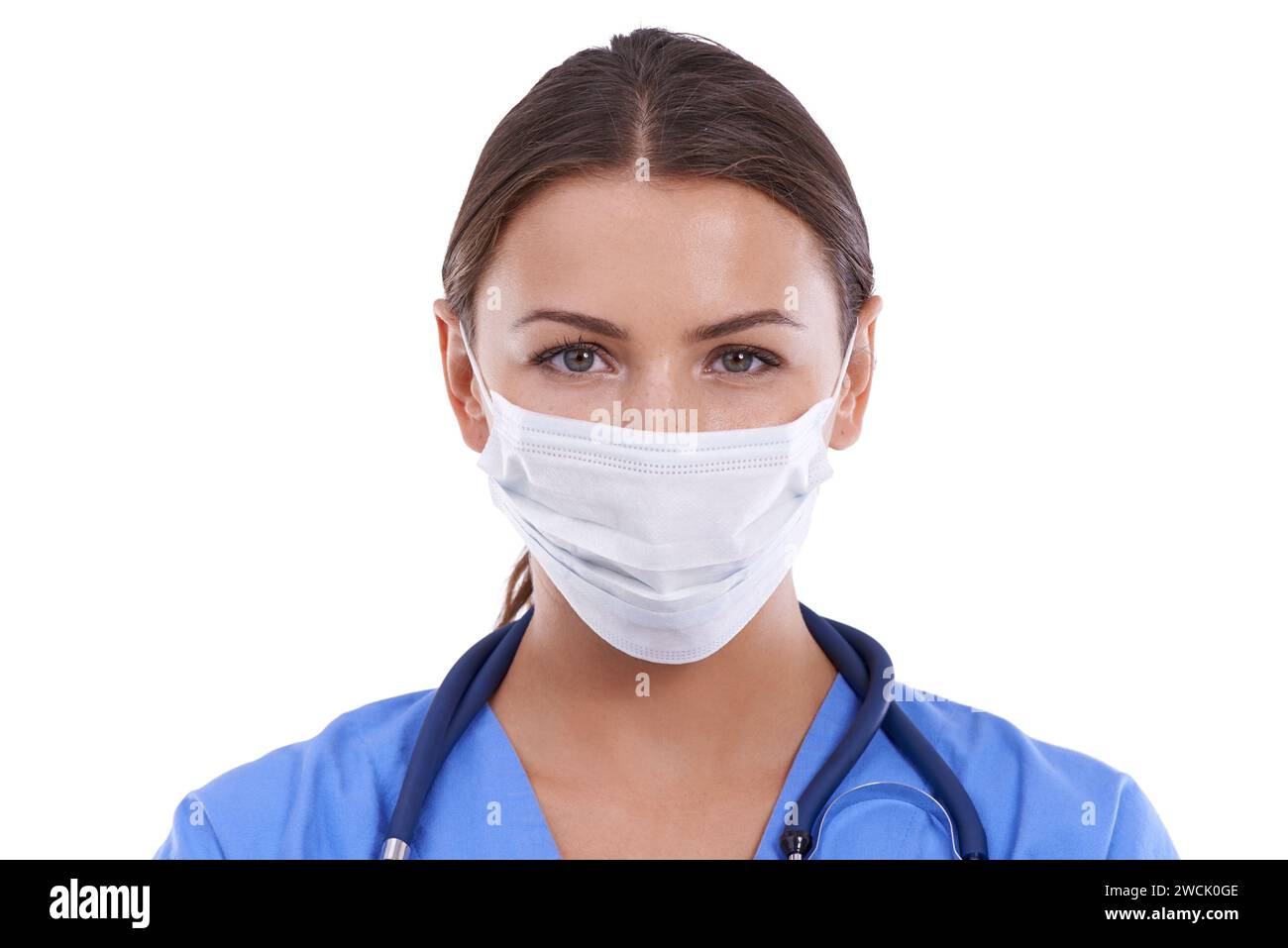 Woman, portrait and doctor with face mask for protection, health and ...