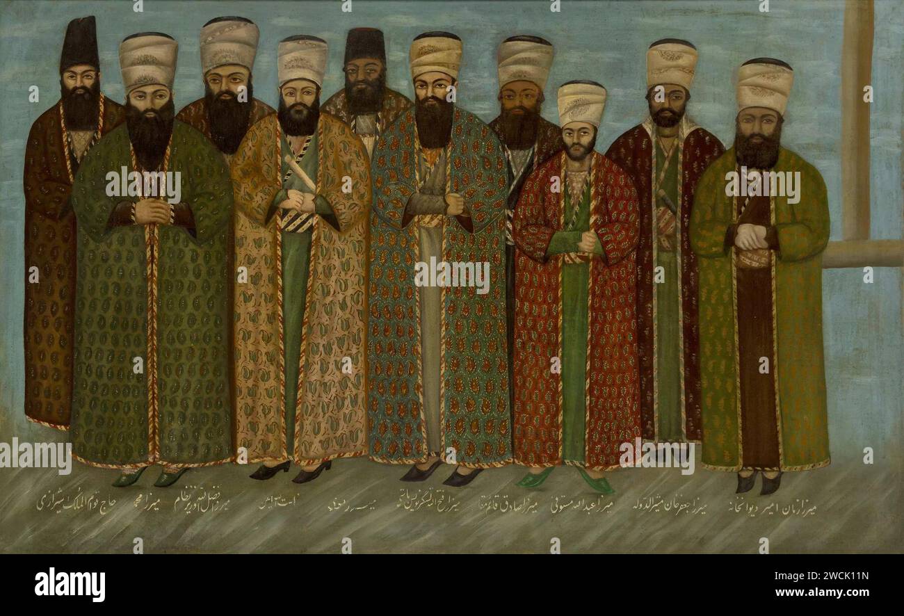 A large Qajar painting depicting Persian dignitaries with European ...