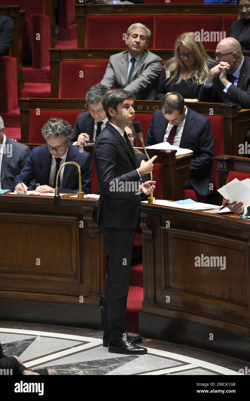 Paris, France. 16th Jan, 2024. Prime Minister Gabriel Attal during a ...